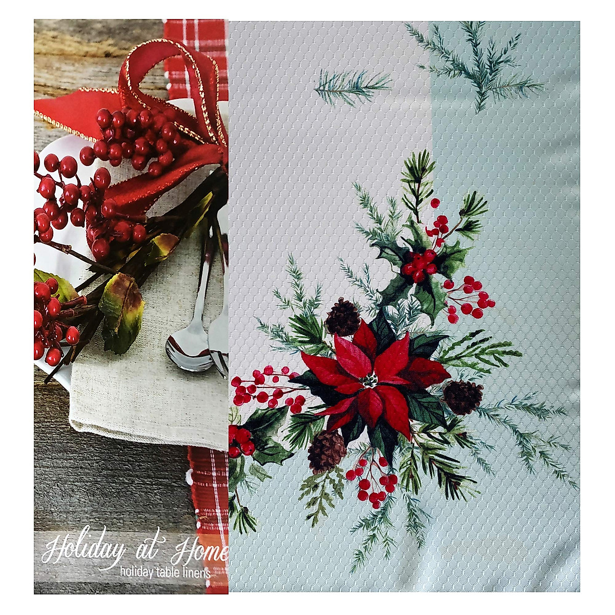 Lintex Holly Bough Stonewashed Border Traditional Christmas Tablecloth, Poinsettia and Holly Sprig Sage, Bordered Xmas Holiday Easy Care Fabric Tablecloth, 70 Inch Round