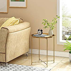 HOME BI Small Round End Table, Accent Side Table Nightstand with Removable Tray Top for Living Room Bedroom, Folding Mini Coffee Table, All Metal Frame, No Assembly Required, Gold