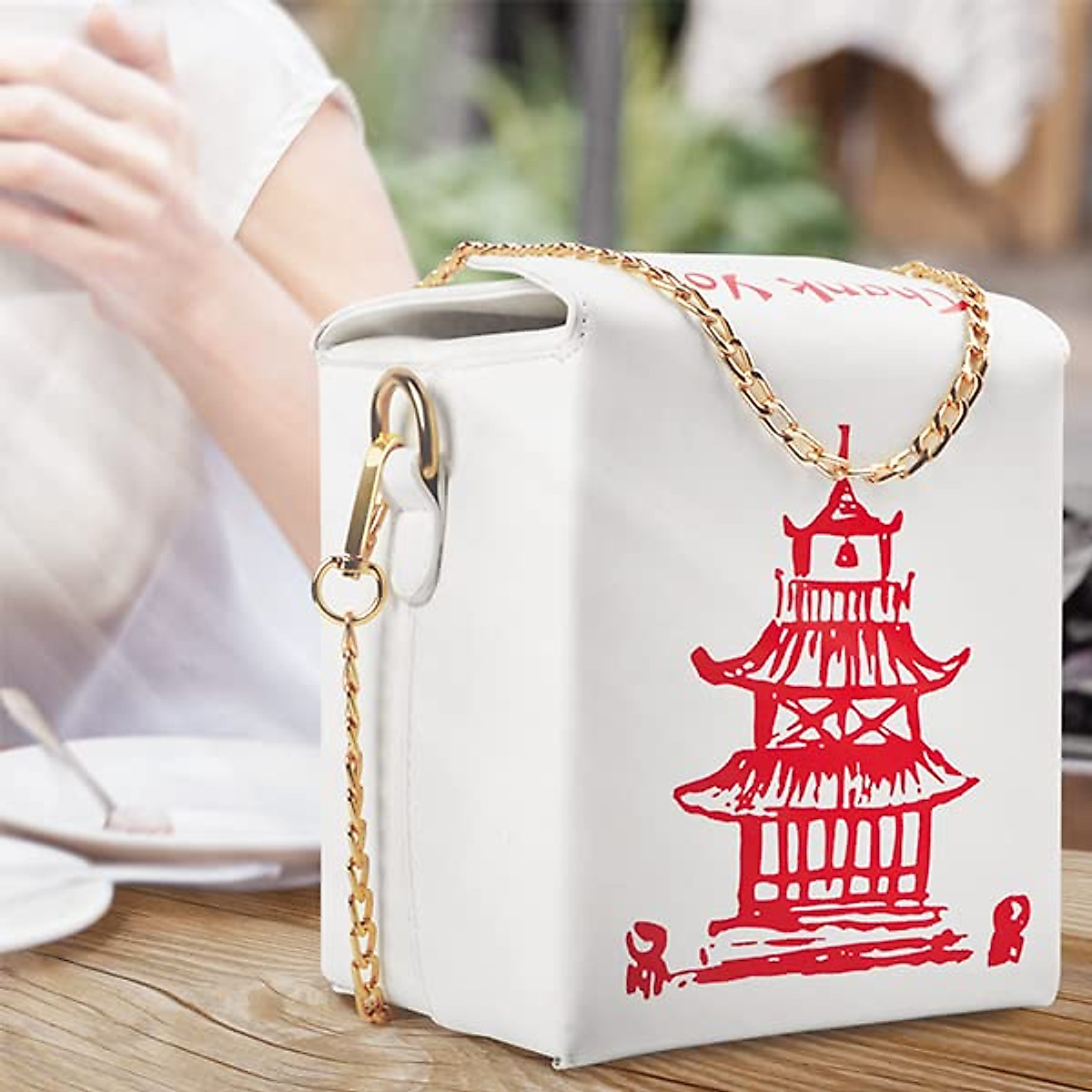 USTYLE Chinese Takeout Box Crossbody Bag, Fashion Novelty Cute Women Girl Shoulder Bag with Golden Chain Strap (white)