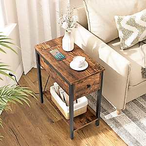 HOOBRO End Table with Charging Station, Set of 2 Narrow Side Table, Small Nightstand, Bedside Table with Drawer and Storage Shelves, for Small Spaces, Rustic Brown and Black BF041BZP201
