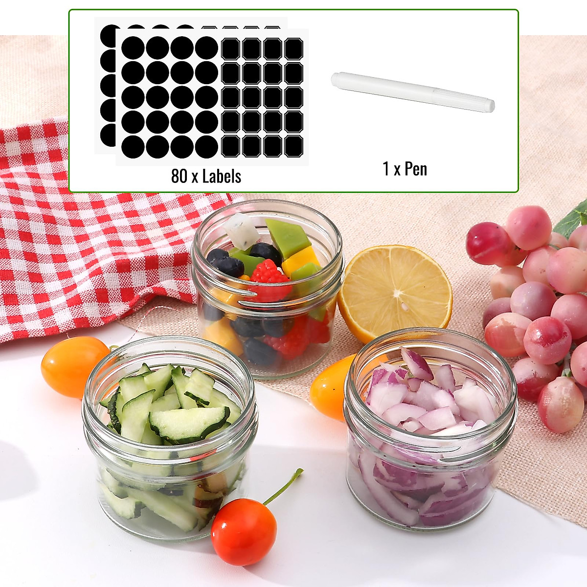 STARSIDE 4 oz Glass Mason jars With Regular Black Lids, 40 Pack 4 oz Canning Jars Containers for Jam, Honey, Candies,Wedding Favors, Decorations. Included 1 Pens and 80 Labels.