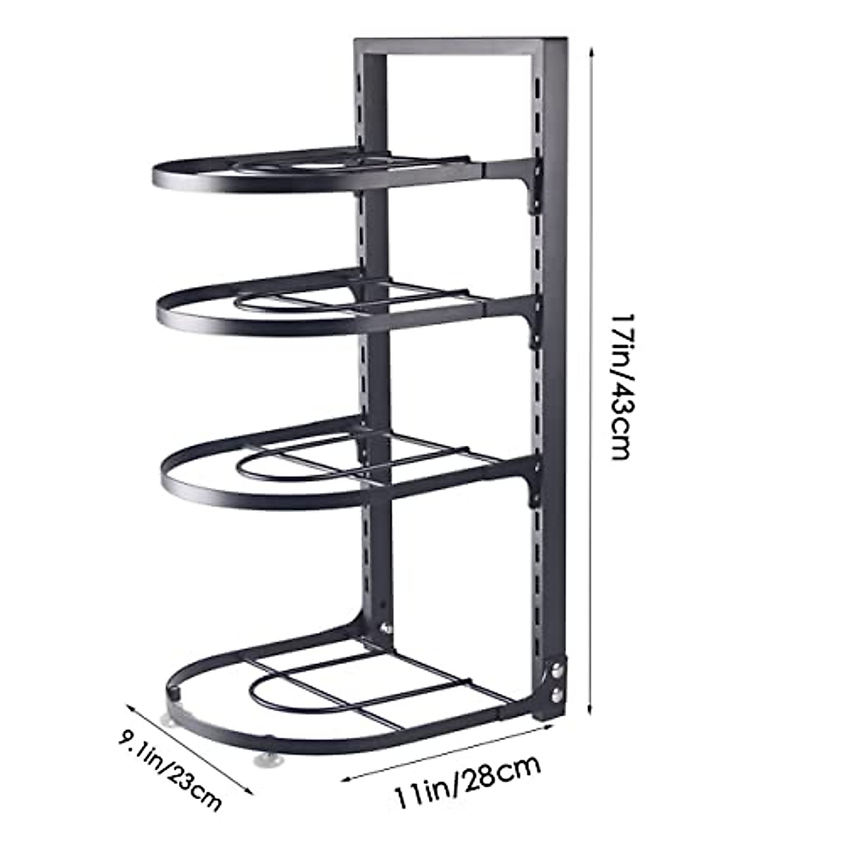 Pot and Pan Rack Organizer Holder，Heavy Duty Adjustable Standing Pan & Pot Racks，Wall Mounted Kitchen Cookware Rack For Pot Storage Under Kitchen Counters, Cabinets, Sink Cabinets （4-Tier，Black）
