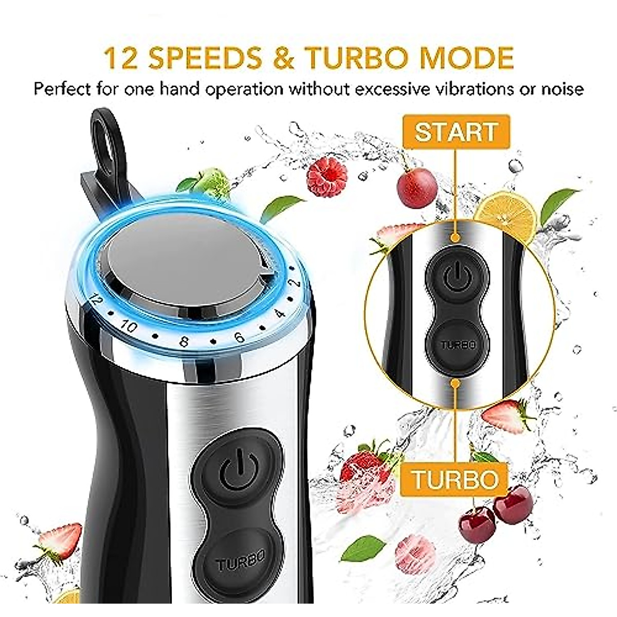 Handheld Blender, Immersion Electric Mixer, 5-in-1 Hand Blender, 800W Powerful Copper Motor, 12 Speed Turbo Mode, 20oz Beaker, 17oz Food Chopper for Smoothies, Whisk for Home Kitchen