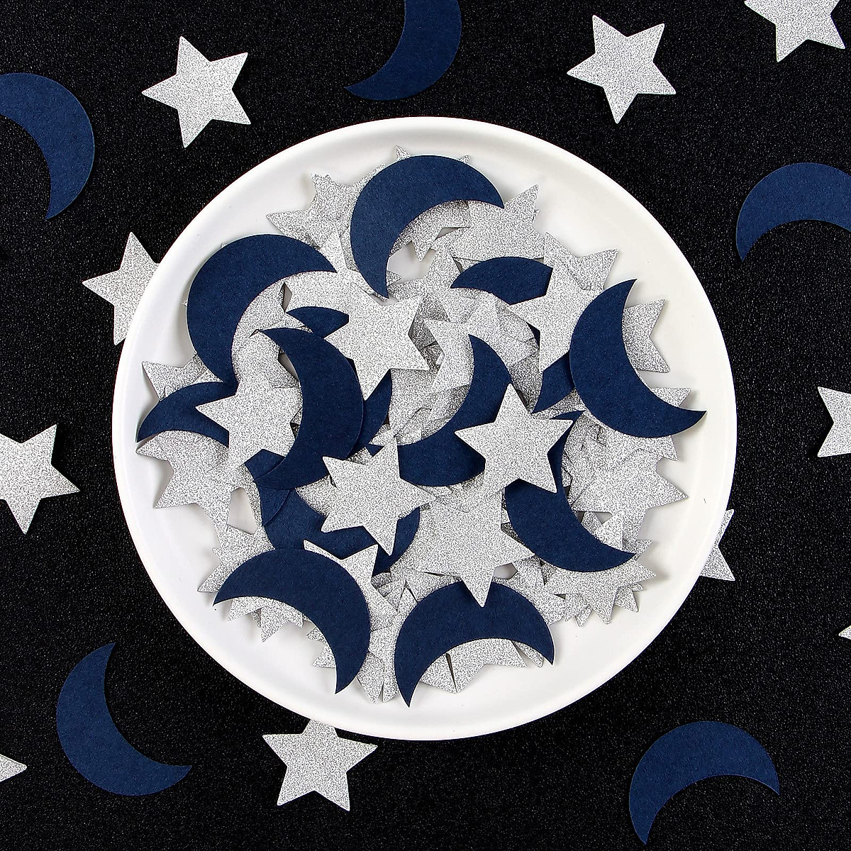 Navy-Blue Moon Silver Star Confetti - 300pcs Glitter twinkle little star Table Confetti,Ramadan Mubarak Decor Birthday Wedding Baby Shower Party Decorations Lasting Surprise