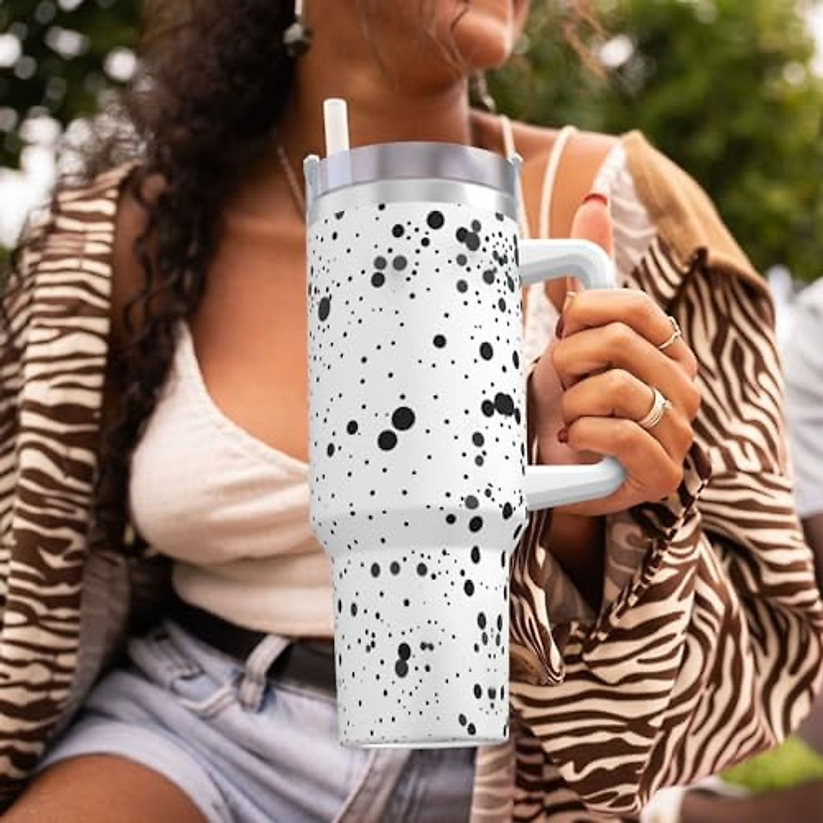 HULIBIN Black And White Dot Print Double Deck Stainless Steel Travel Coffee Cup With Lid 40 Oz Ice Bully Cup