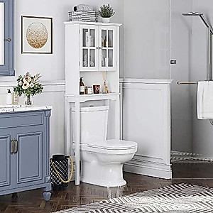 Spirich Bathroom Storage Cabinet Over Toilet, Over Toilet Storage Shelf Cabinet with Windowpane Glass Doors, Free Standing Space Saver Cabinet, White