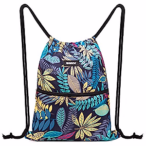 WANDF Drawstring Backpack String Bag Sackpack Cinch Water Resistant Nylon for Gym Shopping Sport Yoga (Blue Leaf.)
