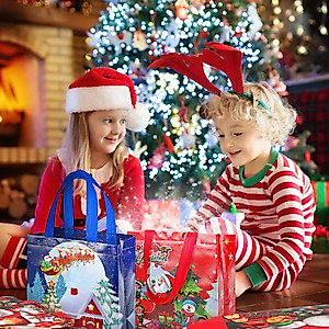 Chapou 100 Pcs Christmas Gift Bag Bulk Reusable Christmas Bags with Handles 9.06 x 8.66 x 4.33 in Xmas Tote Bags Snowman Santa Claus Non Woven Shopping Goodies Bags for Xmas Holiday Party Supplies