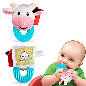 Wristy Buddy Teething Ring for Babies 0-6 8 10 12 Months | Cute Soft Cow Teething Toys & Gloves | Baby Teething Relief Toy Pack | Infant Chew Toys for 3-6 Months, 1 2 3 Years