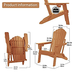 Plawdlik Folding Adirondack Chair,SGS Tested,Wooden Textured with Cup Holder,Widened Heavy All-Weather HDPE Comfortable Seating for Ourdoor Teak