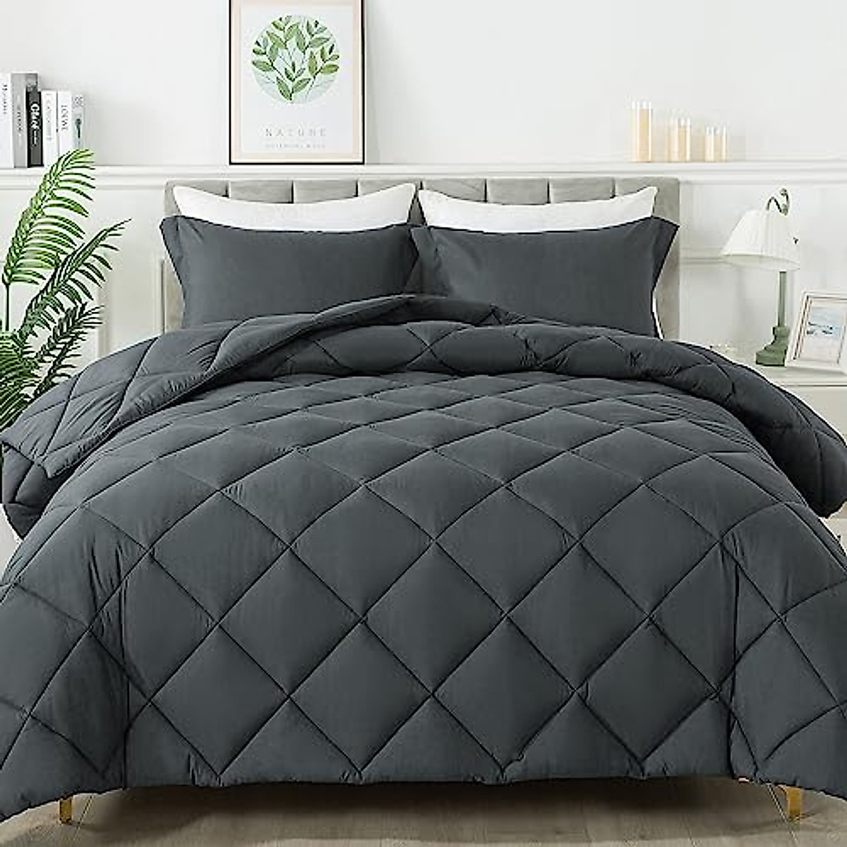 HYLEORY King Size Comforter Set with 2 Pillow Shams - Down Alternative Bed Comforters Bedding Sets for All Season - Lightweight - Machine Washable - Dark Grey