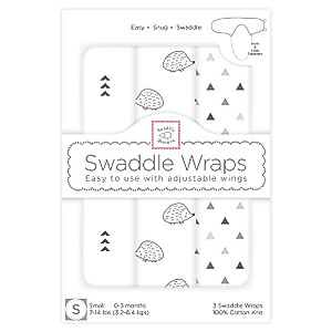 SwaddleDesigns Swaddle Blanket with Adjustable Wrap, Set of 3, Tiny Hedgehog, Black