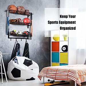 XCSOURCE Garage Sports Equipment Storage Rack with 3 Separate Shelf, Ball Rack, Sport Equipment Organizer with 4 Hooks for Badminton Racket, Basketball Rack for Basketball Football Rugby