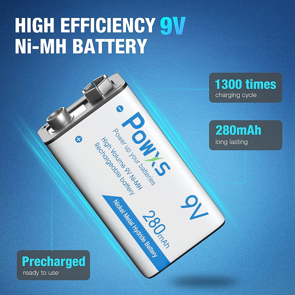 POWXS 9V Rechargeable Battereis Charger and 5 Pack 280mAh 9 Volt Ni-MH Rechargeable Batteries for Smoke Alarms, Guitar, Cameras, Toys & More