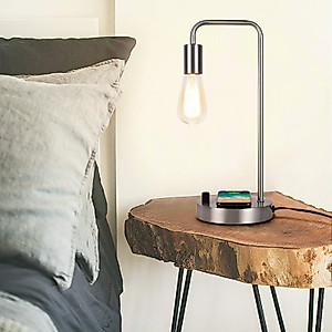 JS NOVA JUNS USB Desk Lamp – Table Lamp with Wireless Charging Pad and USB Port, Edison Bedside Nightstand Lamp with Metal Base for Guestroom Bedroom Living Room Office, Satin Nickel