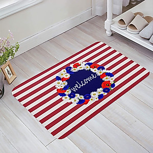 DIFNARY July 4th Bath Rugs Red Poppy Flowers Daisy Independence Day Holiday Sponge Doormat Absorbent Non Slip Backing Flannel Mat White and Red Stripe Memory Foam Mats for Bathroom Kitchen, 16x24In