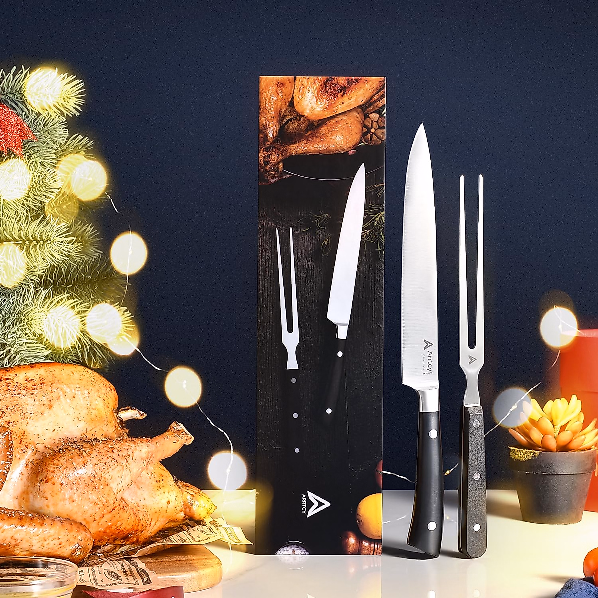 Arrtcy Turkey Carving Set,Full Tang Ergonomic Handle Carving Knife and Fork,German Stainless Steel Kitchen Tools for Turkey, Ham, BBQ,Includes Carving Fork & Knife with Gift Box