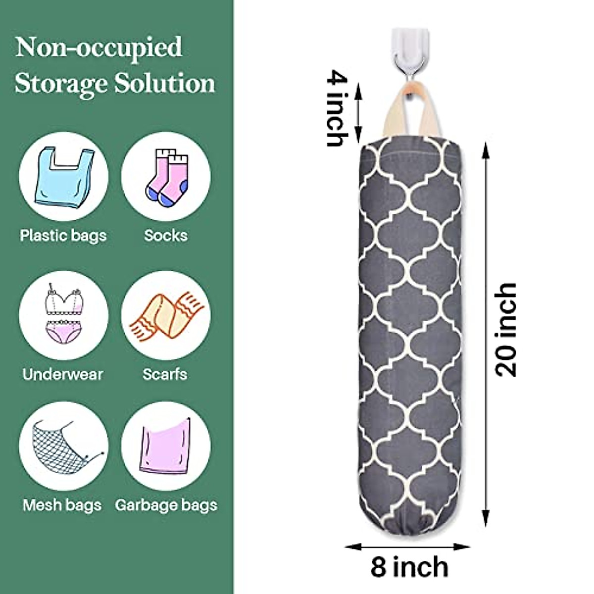 Plastic Bag Holder, Washable Grocery Bag Holder for Plastic Bags, Durable Plastic Bag Storage Dispenser with Hanging Loop, Wall Mount Trash Bag Dispenser for Home Kitchen Cabinet (Dark Grey)