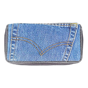 Bijoux de Ja Women Blue Denim Money Double Zipper Around Accordion Wallet Wristlet Purse Clutch DMW015