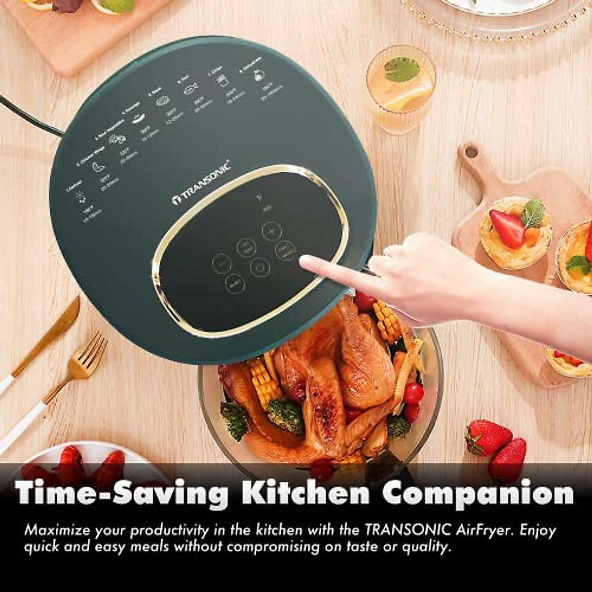 Transonic 1200W Air Fryer Oven 3.5 Quart Non Toxic Non Stick Easy Cleaning Borosilicate Glass Basket, 8 Cooking Presets, Touch Digital Controls