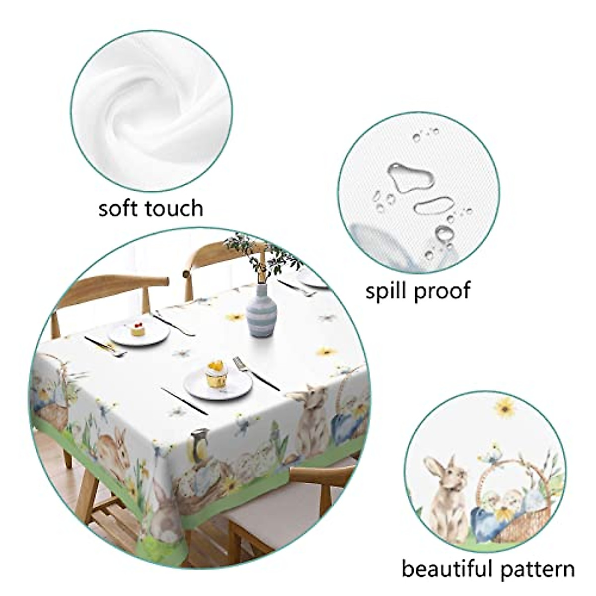 HGXJCLY Easter Tablecloth Rectangle 60x84 Spring Easter Table Decor, Spring Flower Table Cloth Cute Bunny Floral Printed Table Cover for Home Dinner Party