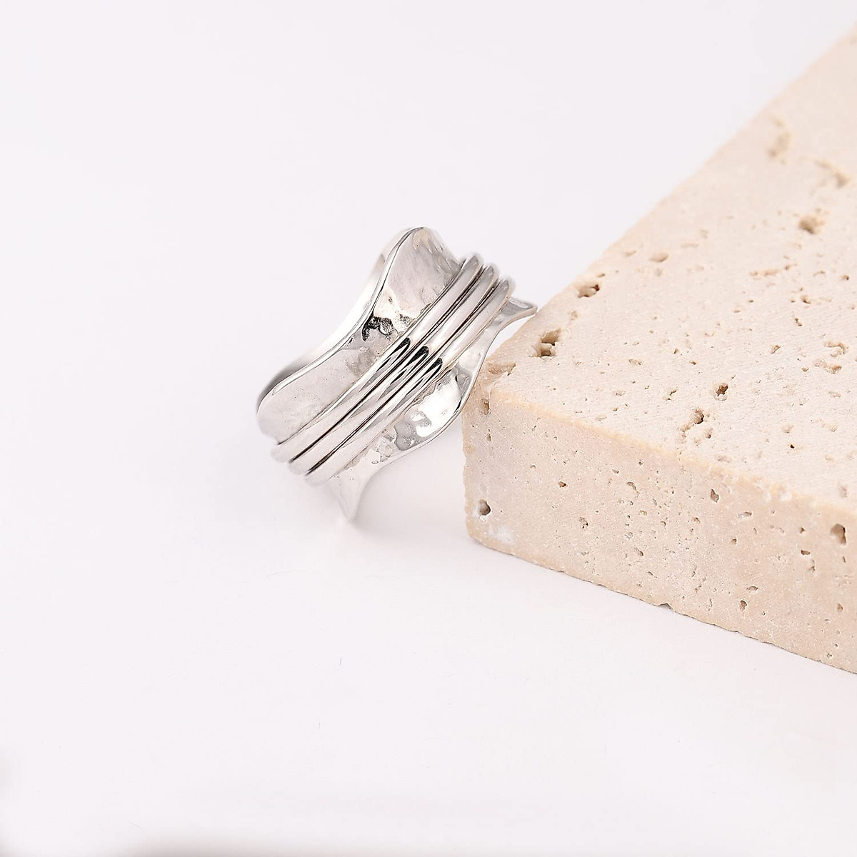 STROLLGIRL Sterling silver Simple spinner ring Fidget band ring spinning meditation anxiety ring (hammered design D, 9)