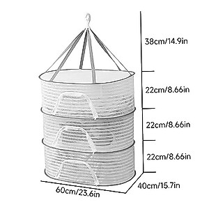 CurcKua Herb Drying Rack Herb Dryer Net 3 Layers Collapsible Mesh Hanging Clothes Drying Racks with Zip Windproof Hook 94x60x40cm Breathable Drying Rack