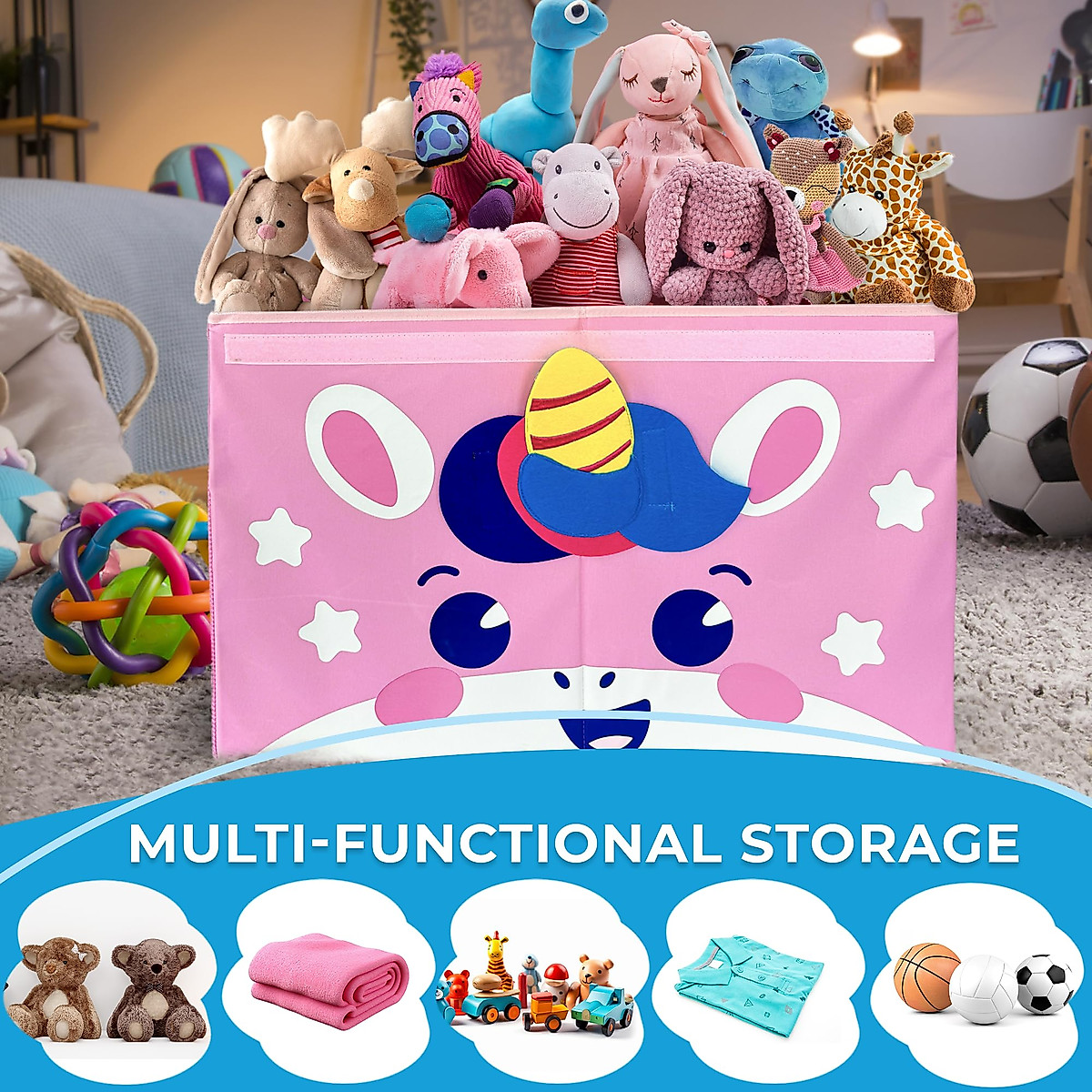 QUOKKA Toy Chest Storage Boxes for Boys and Girls Large Unicorn & Large Owl - Fabric Foldable Bin for Playroom