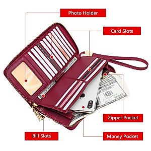 Leather Wallets for Women, Genuine Leather RFID Blocking 17 Card Slots Gift Box Packaging Ladies Purses with Zipper Coin Pocket Women's Long Wallets Womens Zip Around Wallets with Wristband (Red)