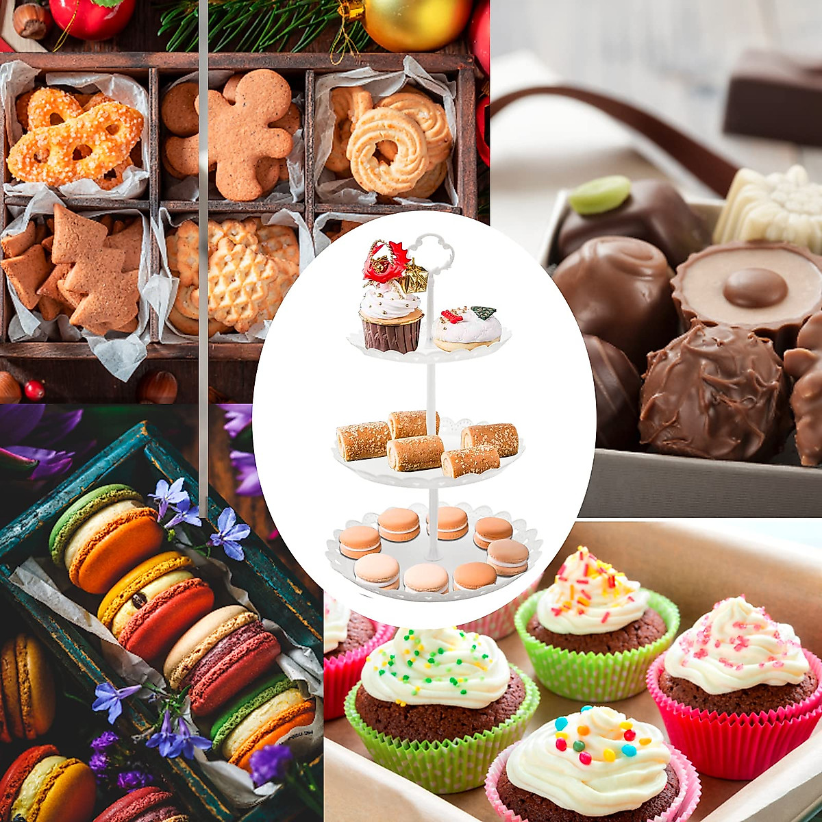 Set of 2pcs 3 Tier Cupcake Stand, Plastic Party Dessert Stand Fruits Candy Buffet Serving Tray for Wedding Baby Shower Home Birthday Tea Party (White)