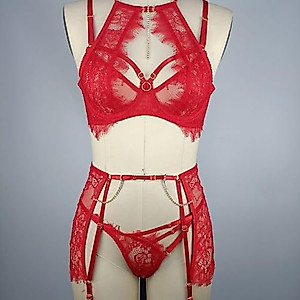 Scyoekwg my order placed by me Women Underwire 3 Piece Sexy Lingerie Collared Stretch Bustier Garter Skirt Chain Strappy Lace Bra Panty Set