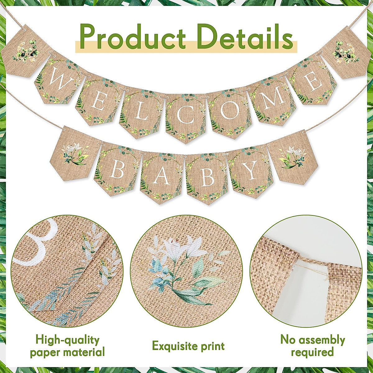 Tatuo Welcome Baby Banner Greenery Baby Shower Banner Bunting Garland Burlap Greenery Baby Shower Decorations Welcome Baby Shower Sign for Gender Neutral Baby Shower Rustic Boho Decor Party Favors