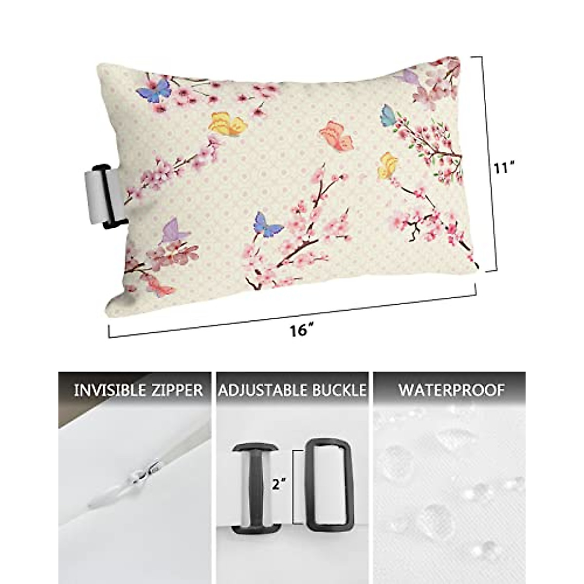 Recliner Head Pillow Ledge Loungers Chair Pillows with Insert Butterfly Cherry Blossoms Pink Beige Lumbar Pillow with Adjustable Strap Outside Patio Decorative Garden Cushion for Bench Couch, 2 PCS