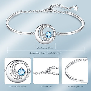 FANCIME London Blue Topaz Bracelets 925 Sterling Silver Moon and Star Bangle Charm November December Birthstone Bracelet Fine Jewelry Birthday Anniversary Christmas Gifts for Her, Chain 6.7"+1.2"