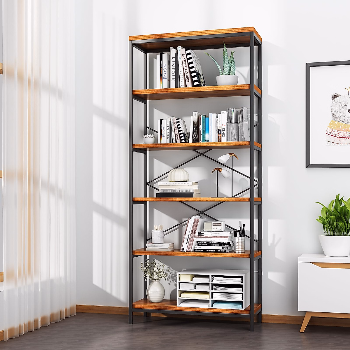 BATHWA Bookshelf, 6-Tier Industrial Bookshelves, Wood and Metal Bookcase, Free Standing Storage Vintage Bookshelf for Living Room, Bedroom and Home Office, Rustic Brown