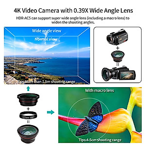 ORDRO 4K Video Camera Camcorder AC5 UHD Camcorder with 12x Optical Zoom 3.1" IPS HD 1080P 60FPS Digital WiFi Vlog Camera Camcorder with Microphone, Video Light, Wide Angle Lens and 64G SD Card