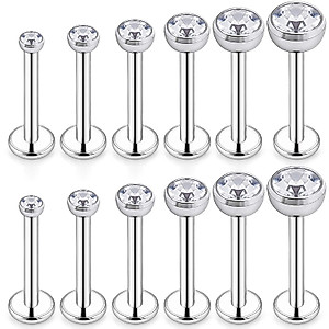 SCERRING 6 Pairs 16g Stainless Steel 2-4.5mm Jeweled Clear CZ Internally Threaded Tragus Daith Cartilage Helix Earring Ring Body Piercing Jewelry 6mm - Silver