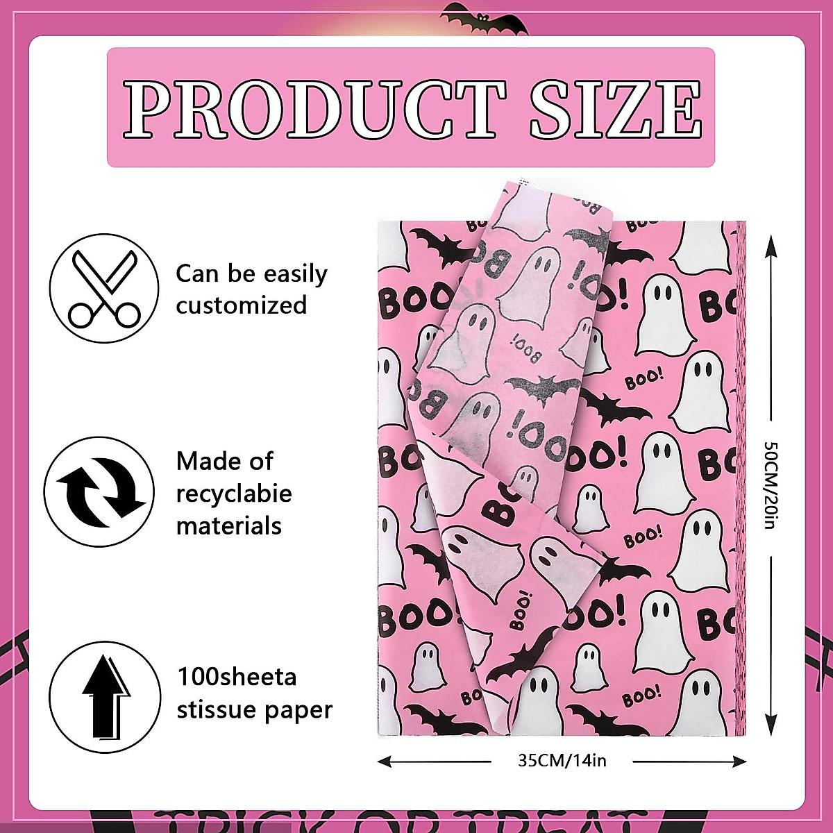 100 Sheets 20 * 14 Inches Pink Ghost and Boo Tissue Paper Halloween Bat Ghost Printed Tissue Paper for Birthday Party Baby Shower Halloween Party DIY Craft