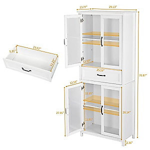 Karl home 4-Tier Bookcase Storage Cabinet, Freestanding Bookshelf with 4 Acrylic Doors 1 Drawer, Kitchen Pantry Bathroom Cabinet for Office Bedroom Dining Living Room, White 29.13" Lx13.78 Wx70.87 H
