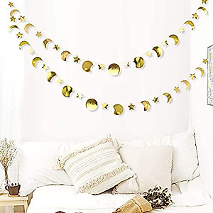 Gold Star Moon Phase Banner Garland Hanging Crescent Twikle Little Star Bunting Streamer Moon Cycle Celestial Decorations for Kids Birthday Party Baby Shower Wall Home Happy Eid Mubarak Ramadan Decor