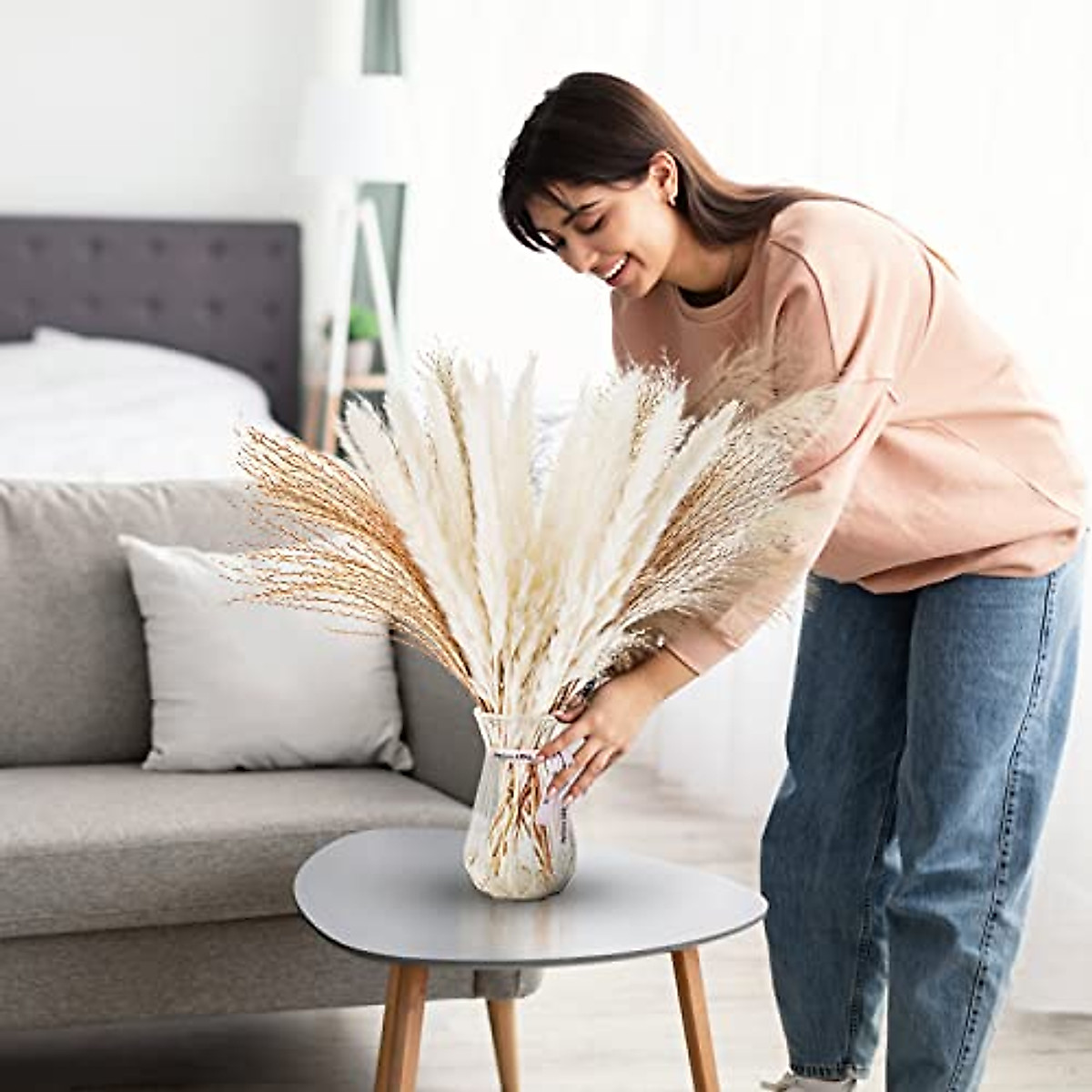Natural Dried Pampas Grass Decor: 80 Pcs 17" Small Fluffy White Pampas Stems & Beige Reed Grass & Dry Wheat Bundle & Bunny Tail Grass Pampas Bouquet