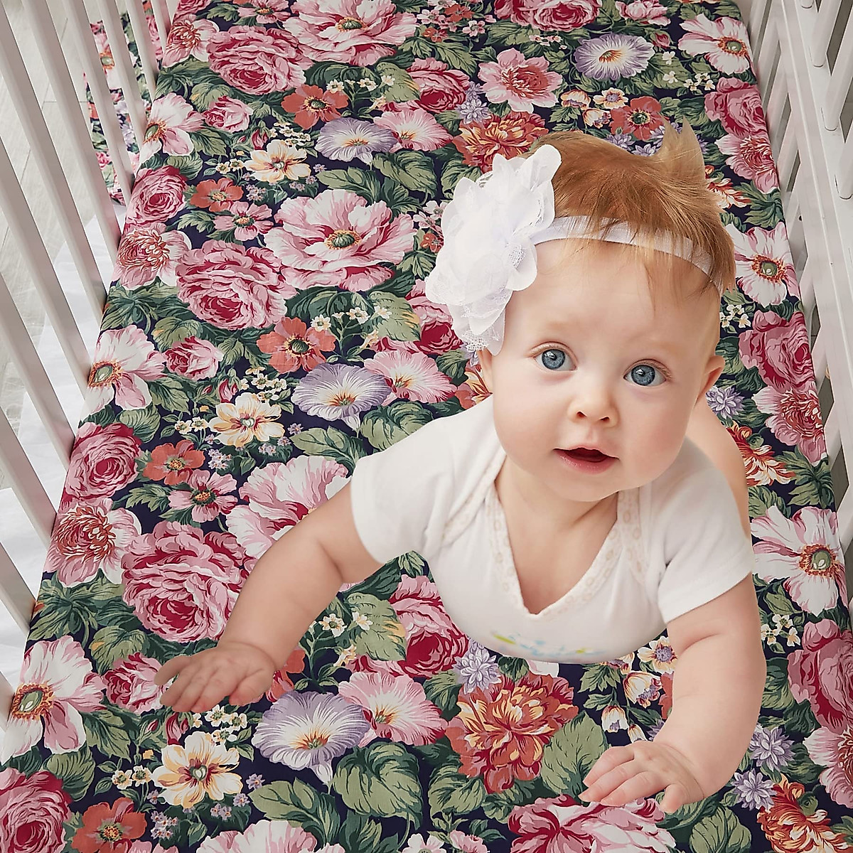 Brandream 3-Piece Crib Bedding Sets for Girls Garden Allure Blossom Floral Baby Nursery Set | Crib Comforter, Fiited Crib Sheet, White Tulle Lace Crib Bed Skirt, Pink Purple Green,100% Cotton