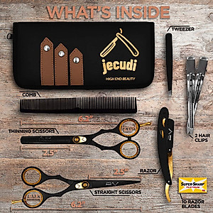 Jecudi Professional Hair Cutting Scissors Set - Handmade Japanese Stainless Steel, Includes Barber Scissors, Hair Shears, Tweezers, Razor, 10 Blades, Comb, 2 Hair Clips & Cleaning Cloth.