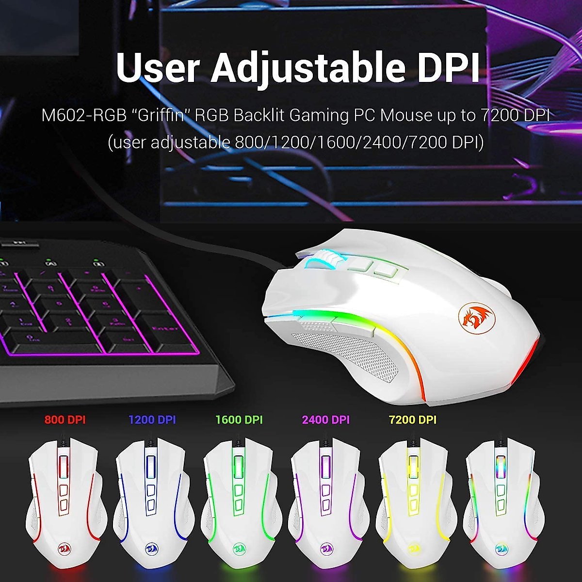 Redragon M602 RGB Wired Gaming Mouse RGB Spectrum Backlit Ergonomic Mouse Griffin Programmable with 8 Backlight Modes, Up to 7200 DPI for Windows PC Gamers (White)