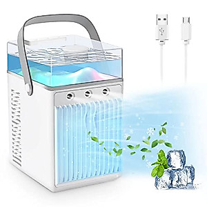 ELLASSAY Mini Air Conditioner, 4 IN 1 Portable Air Cooler, 3 Speeds Evaporative Air Cooler, Desk Air Conditioner Room Car Office Camping 2000mAh Battery Powered & Type-C Rechargeable Grey/White