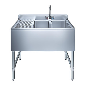 AmGood 2 Compartment Under Bar Sink With 12" Left Drainboard and Faucet - 36" X 18 3/4". NSF. Commercial Two Bowl Under Bar Sink