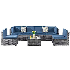 SUNLEI 7 Pieces Patio Sofa Conversation Set Outdoor Furniture Sets PE Rattan Low Back All-Weather Rattan Sectional Sofa Washable Cushions with Coffee Table (Silver Gray Rattan) (Aegean Blue)