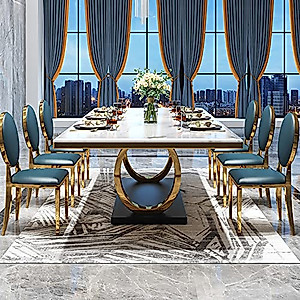 LITFAD Modern Style Marble Table with White Table and Gold Trestle Base Rectangle Shape Dining Table and Chairs for 6 Restaurant Table Set - 55.1" L x 31.5" W x 29.5" H Table with 6 Chairs