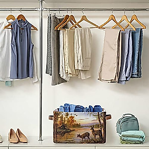 Rectangular Storage Bin Cube Forest Animal Deer Tree River Foldable Organizer Basket with Handles, Collapsible Storage Box for Kids Toy Shelf Closet Nursery