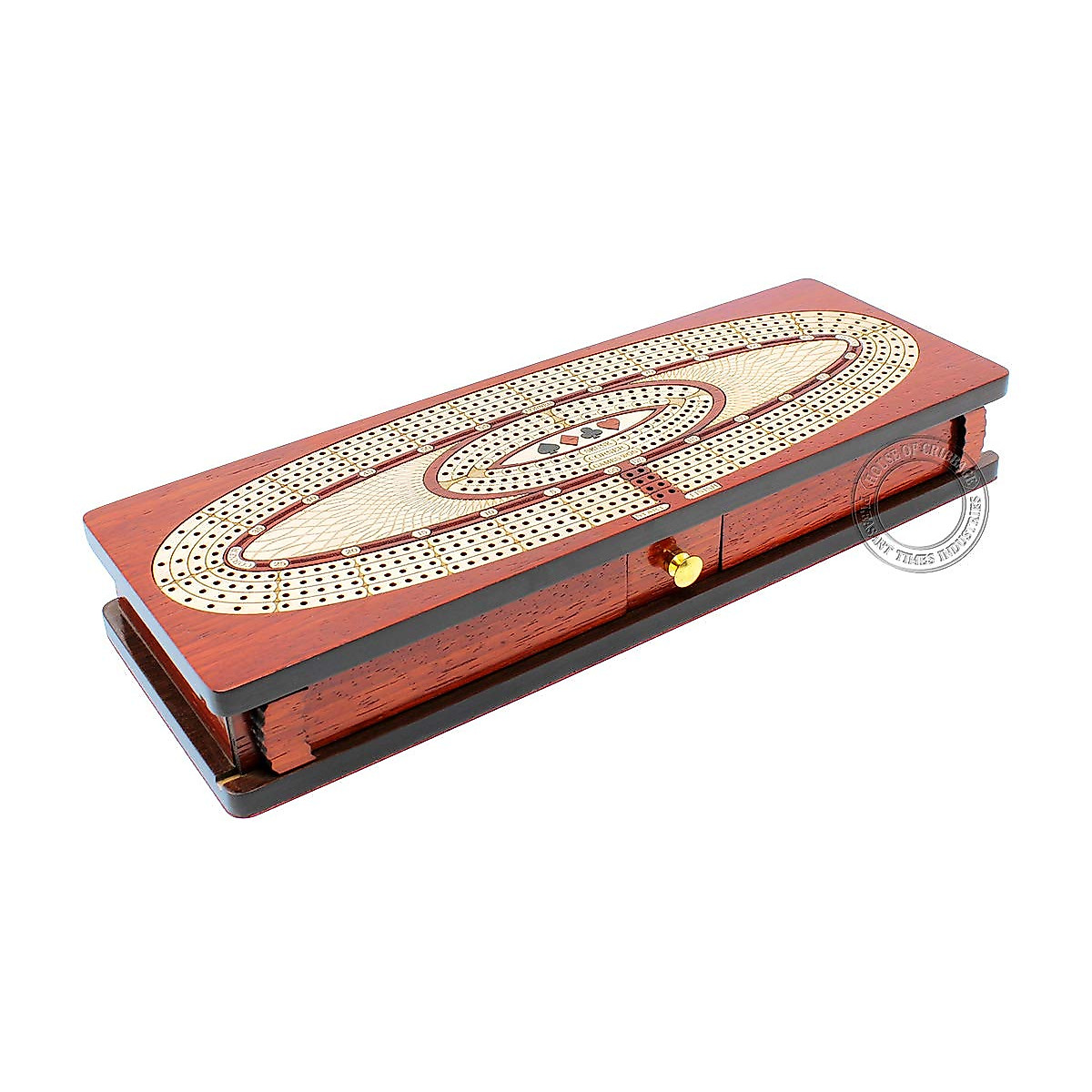 House of Cribbage - Continuous Cribbage Board/Box Inlaid in Blood Wood/Maple : 4 Track - Sliding Lids, Drawer & Metal Pegs with Score Marking Fields for Skunks, Corners and Won Games